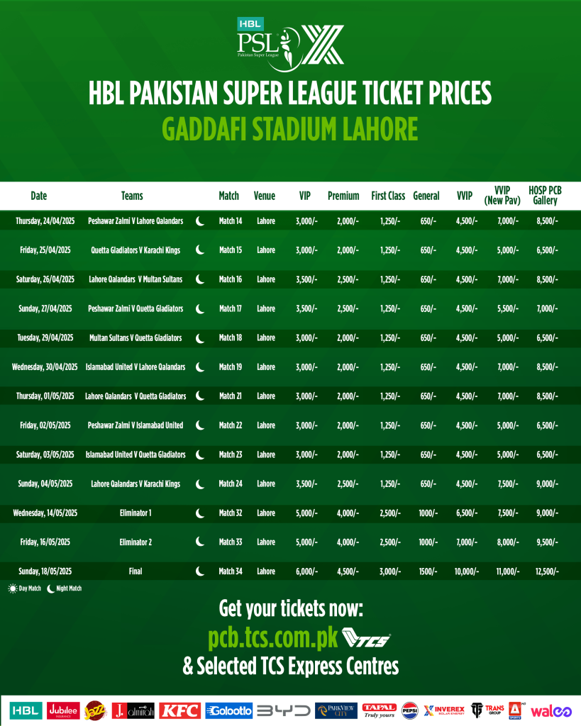 PSL 2026 Tickets – Gaddafi Stadium Lahore (Schedule, Prices & Booking)